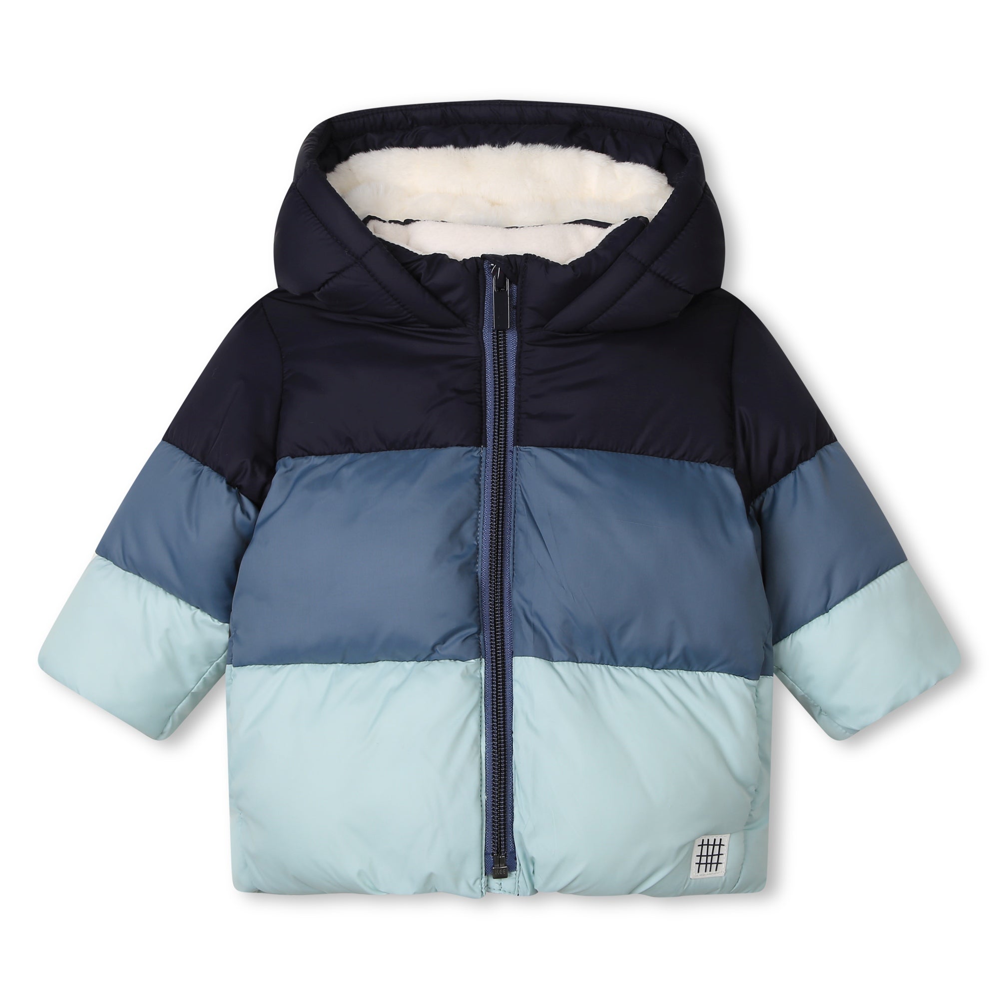 Blue Tri Color Puffer Jacket with Lined Hood | The Red Balloon